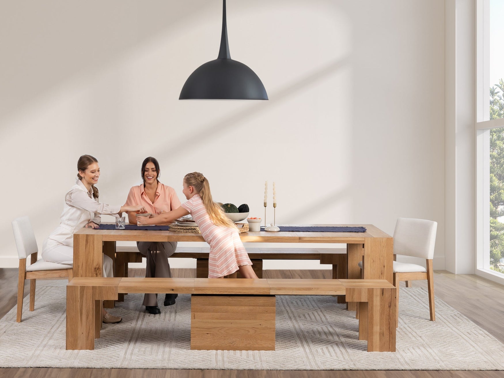 Extendable Dining Table Set with 2 Benches | Transformer Table